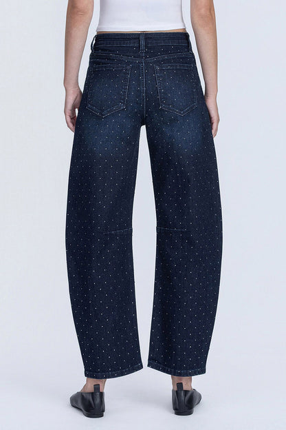 High Rise Black Diamond Rhinestone Barrel Jeans | Brazos Avenue Market